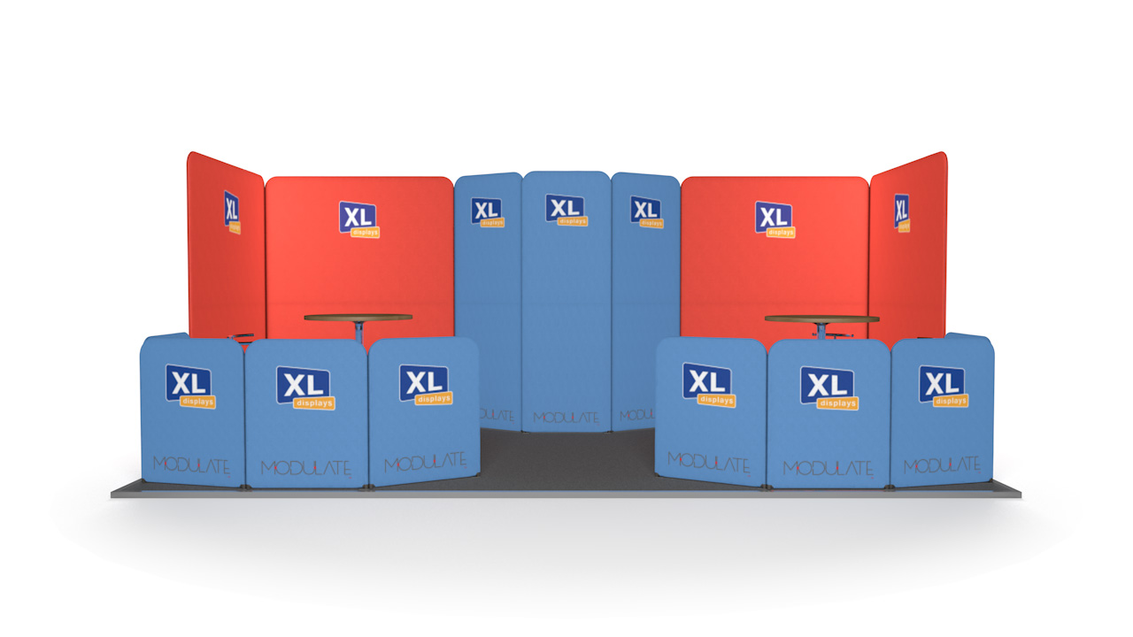 modulate 6m x 3m stretch fabric exhibition stand with seating areas